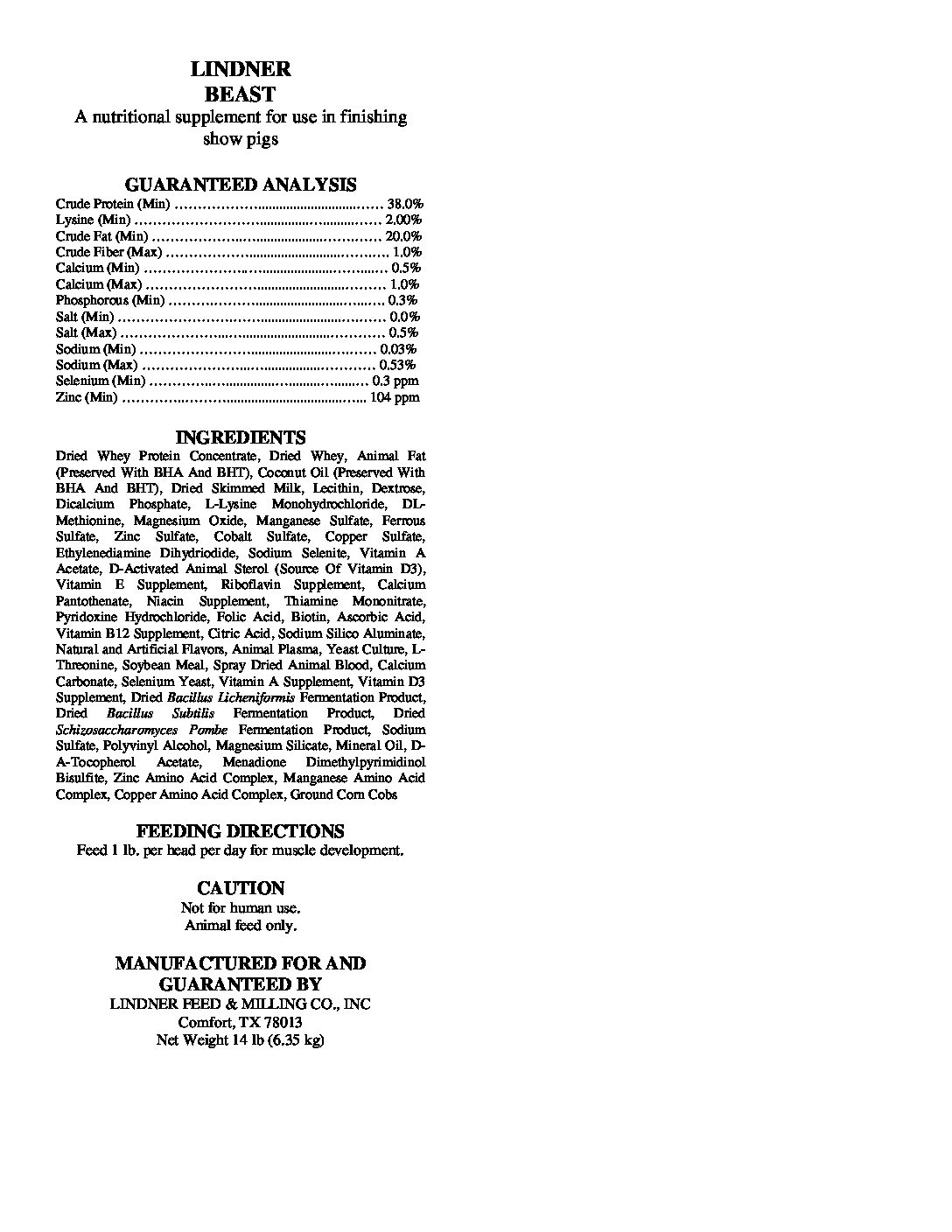Beast Nutrition facts | Lindner Show Feeds